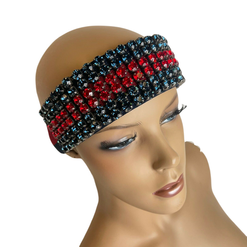 Gucci Women s Blue Red Web Elastic Headband with Crystals M 57