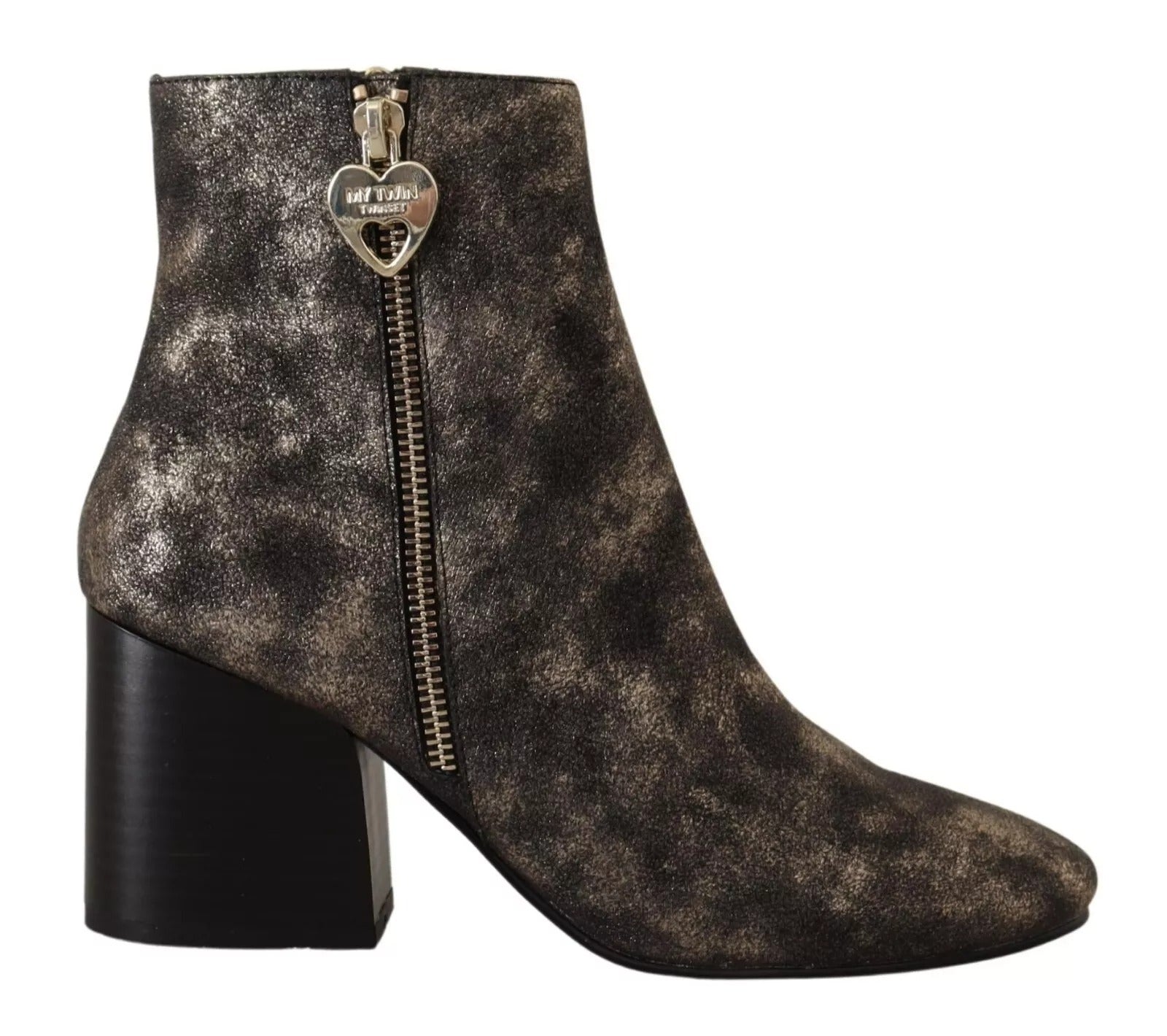MY TWIN Black Leather Block Heels Ankle Boots Zipper Women's Shoes (Pr