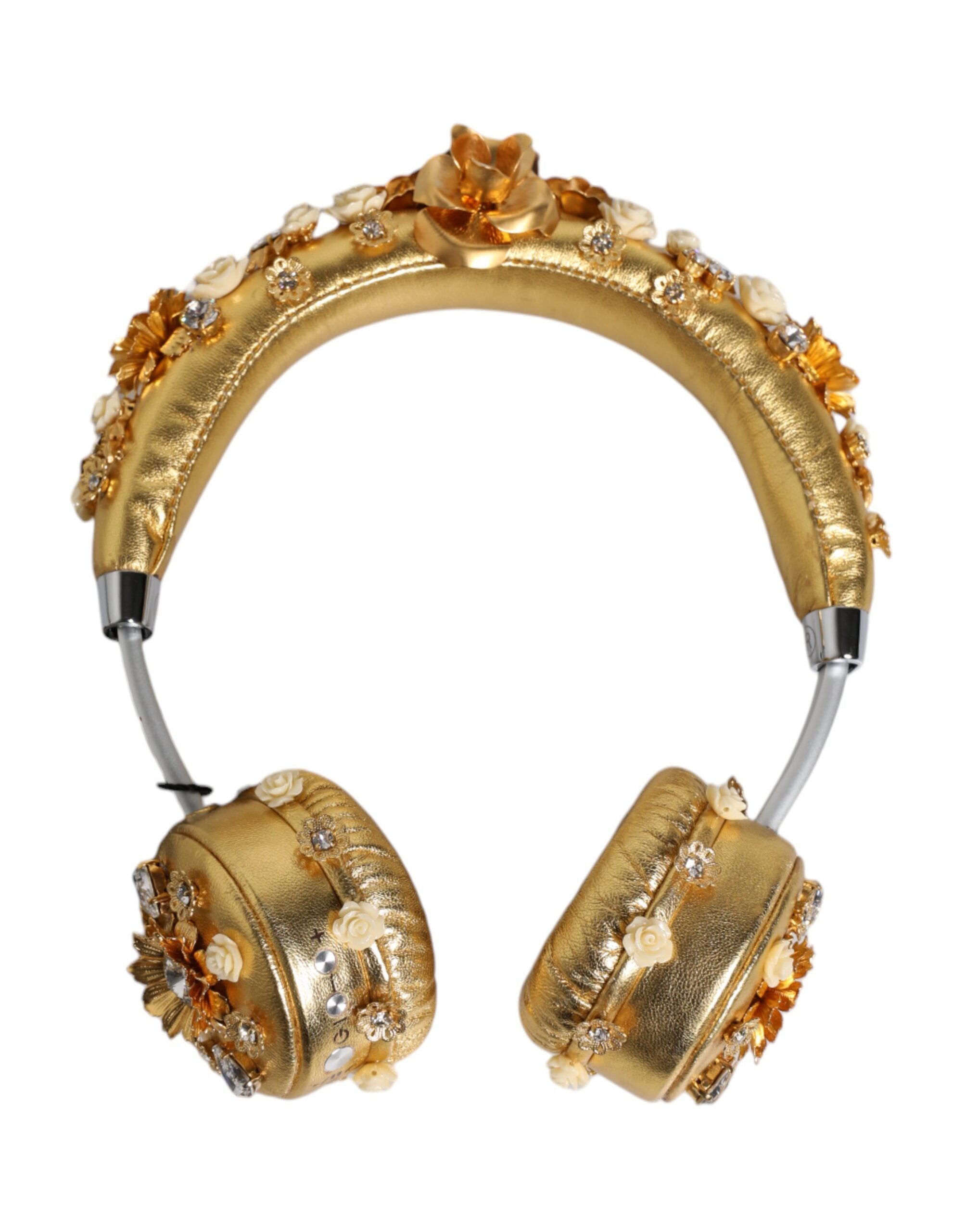 Dolce & Gabbana Gold Leather Floral Crystal Angel Headset Women's Head